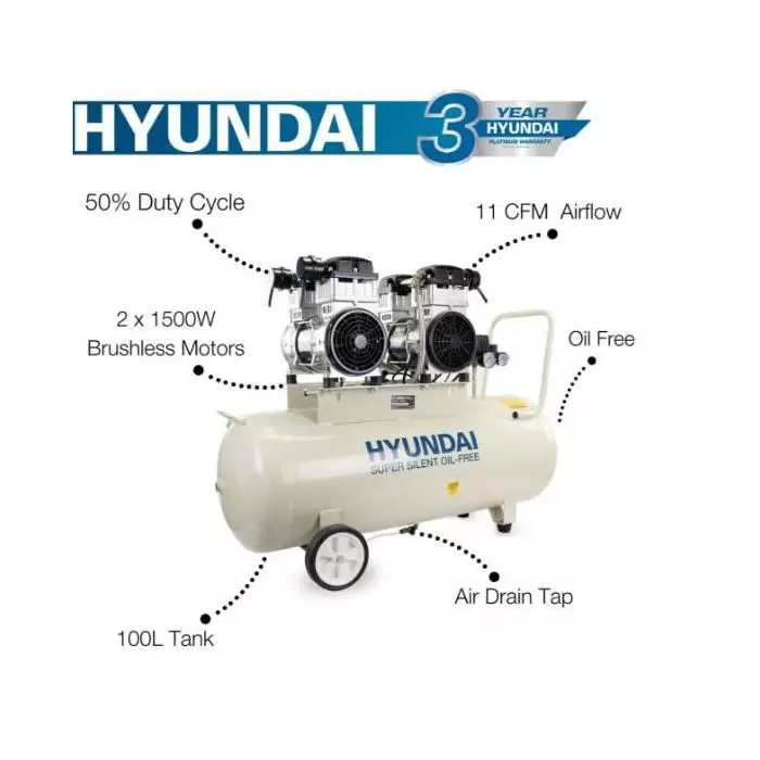 HYUNDAI 4HP 100L OIL FREE LOW NOISE ELECTRIC AIR COMPRESSOR HY2150100
